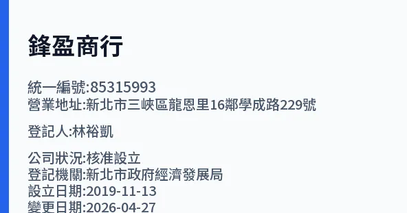 鋒盈商行的照片-統編 85315993(新北市) 公司登記資料與營業項目詳細圖表