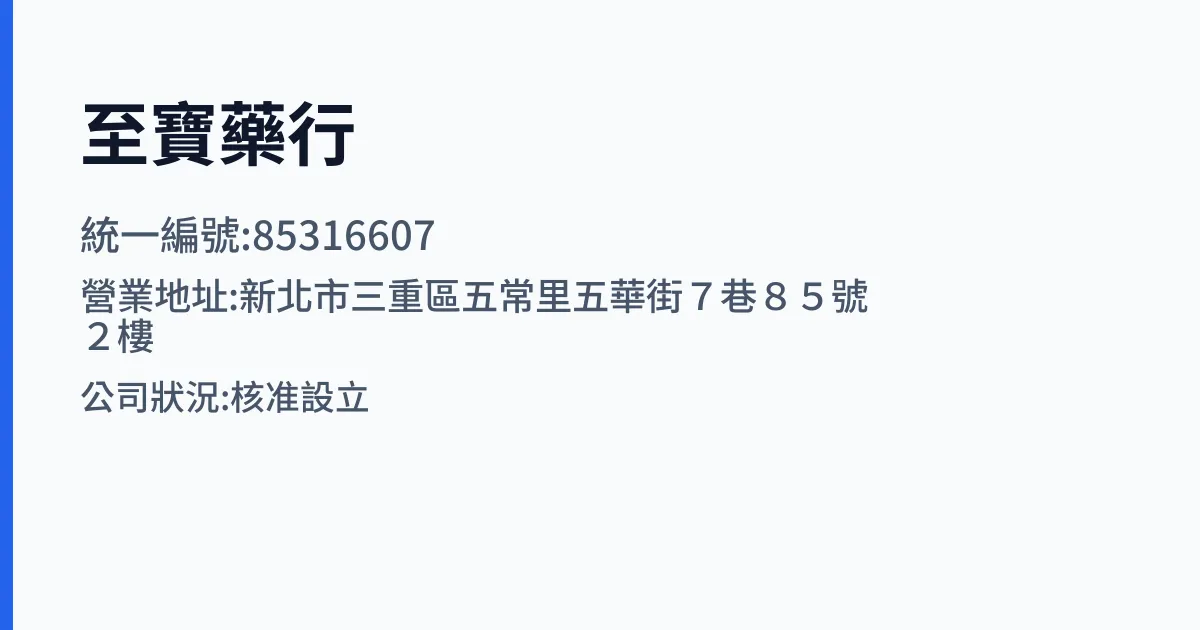 至寶藥行 - 統編 85316607(新北市) 公司登記資料與營業項目詳細圖表