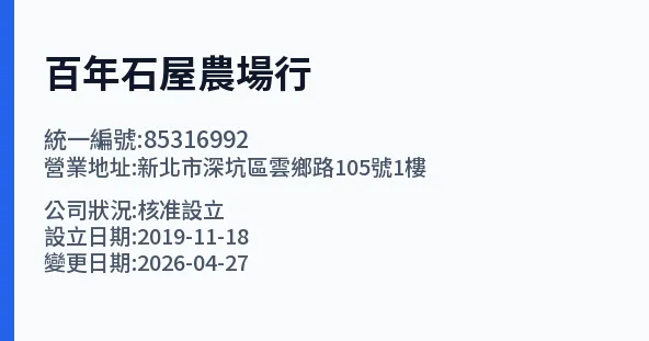 百年石屋農場行的照片-統編 85316992(新北市) 公司登記資料與營業項目詳細圖表