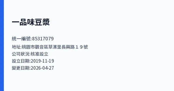 一品味豆漿的照片-統編 85317079(桃園市) 公司登記資料與營業項目詳細圖表