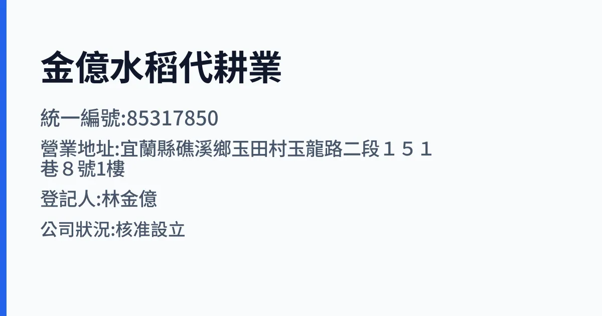 金億水稻代耕業 - 統編 85317850(宜蘭縣) 公司登記資料與營業項目詳細圖表