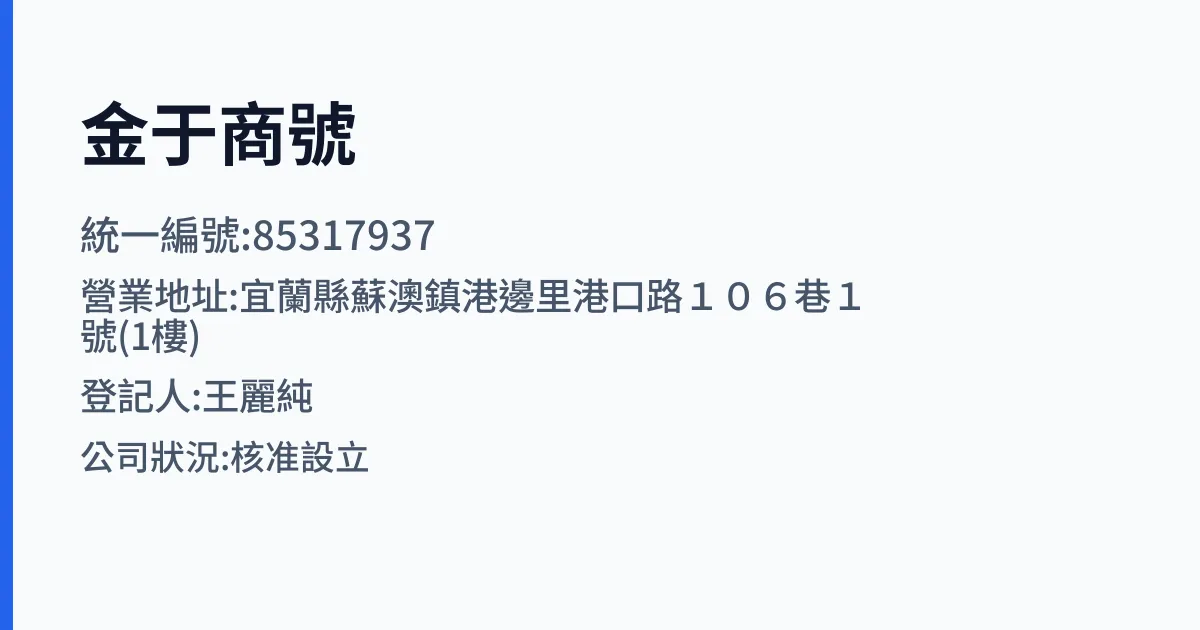 金于商號 - 統編 85317937(宜蘭縣) 公司登記資料與營業項目詳細圖表