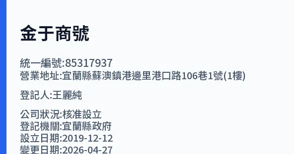 金于商號的照片-統編 85317937(宜蘭縣) 公司登記資料與營業項目詳細圖表