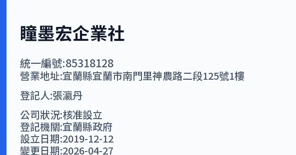 瞳墨宏企業社的照片-統編 85318128(宜蘭縣) 公司登記資料與營業項目詳細圖表
