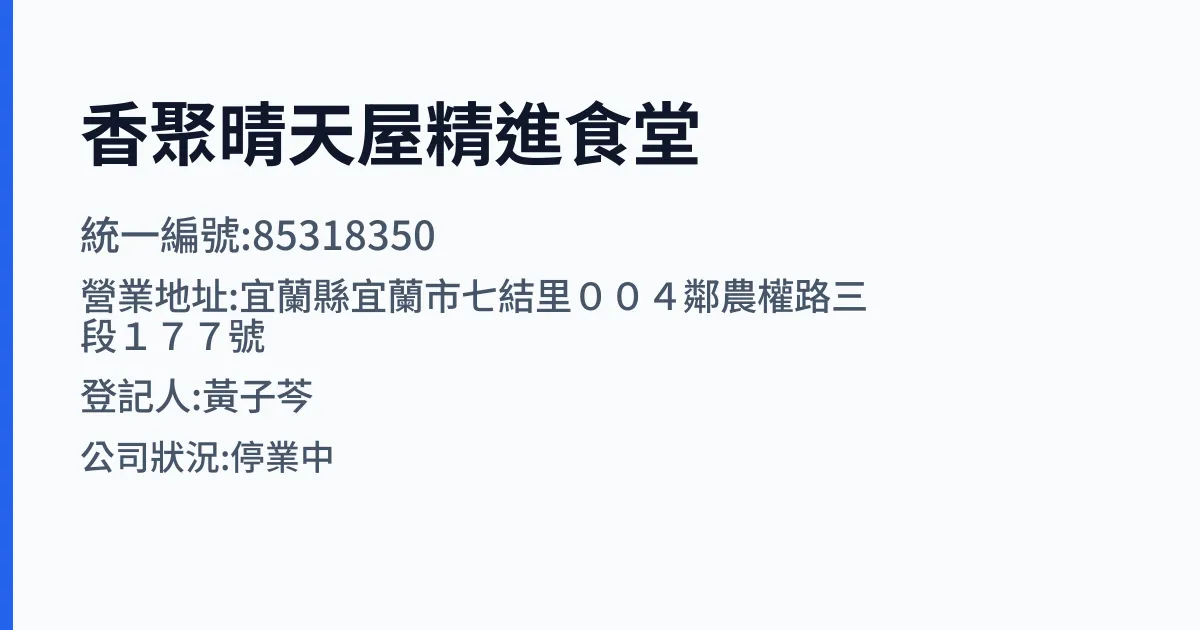 香聚晴天屋精進食堂 - 統編 85318350(宜蘭縣) 公司登記資料與營業項目詳細圖表