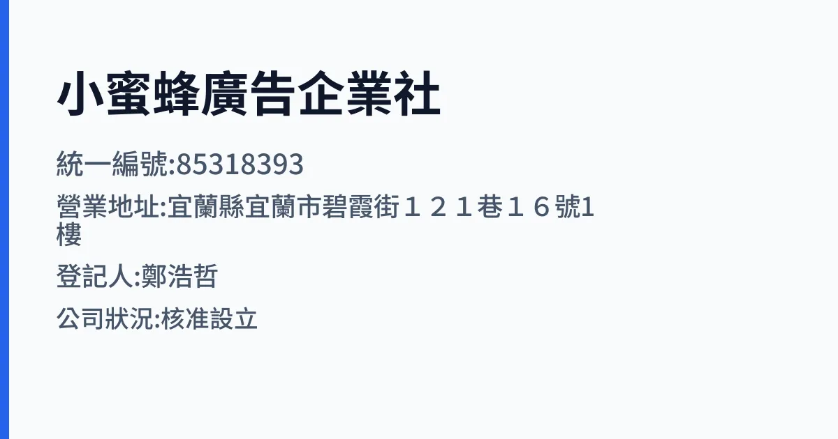 小蜜蜂廣告企業社 - 統編 85318393(宜蘭縣) 公司登記資料與營業項目詳細圖表