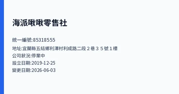 海派啾啾零售社的照片-統編 85318555(宜蘭縣) 公司登記資料與營業項目詳細圖表