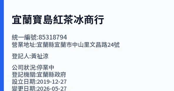 宜蘭寶島紅茶冰商行的照片-統編 85318794(宜蘭縣) 公司登記資料與營業項目詳細圖表