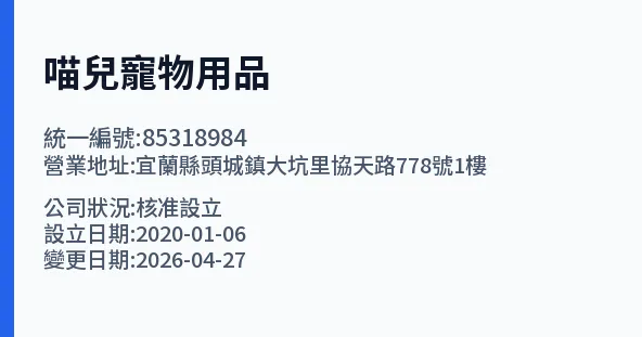 喵兒寵物用品的照片-統編 85318984(宜蘭縣) 公司登記資料與營業項目詳細圖表
