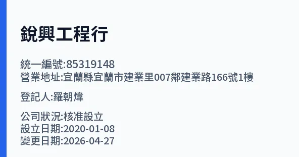 銳興工程行的照片-統編 85319148(宜蘭縣) 公司登記資料與營業項目詳細圖表