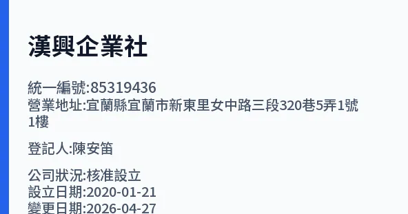 漢興企業社的照片-統編 85319436(宜蘭縣) 公司登記資料與營業項目詳細圖表