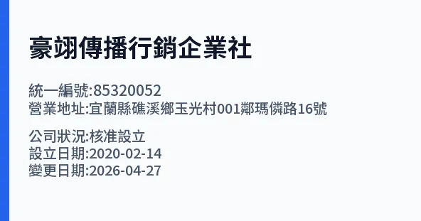 豪翊傳播行銷企業社的照片-統編 85320052(宜蘭縣) 公司登記資料與營業項目詳細圖表