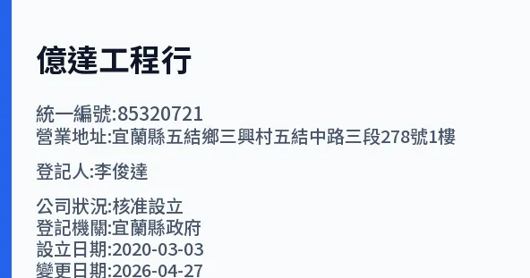 億達工程行的照片-統編 85320721(宜蘭縣) 公司登記資料與營業項目詳細圖表