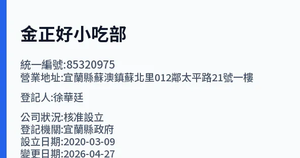 金正好小吃部的照片-統編 85320975(宜蘭縣) 公司登記資料與營業項目詳細圖表