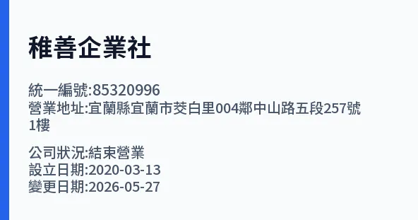 稚善企業社的照片-統編 85320996(宜蘭縣) 公司登記資料與營業項目詳細圖表