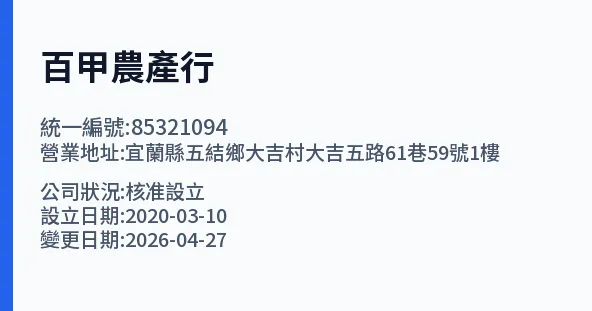 百甲農產行的照片-統編 85321094(宜蘭縣) 公司登記資料與營業項目詳細圖表