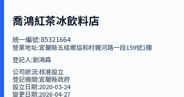 喬鴻紅茶冰飲料店的照片-統編 85321664(宜蘭縣) 公司登記資料與營業項目詳細圖表