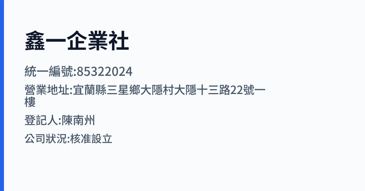 鑫一企業社 - 統編 85322024(宜蘭縣) 公司登記資料與營業項目詳細圖表