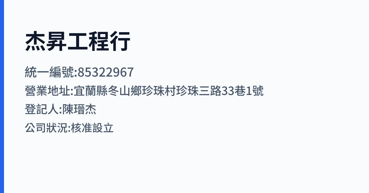 杰昇工程行 - 統編 85322967(宜蘭縣) 公司登記資料與營業項目詳細圖表