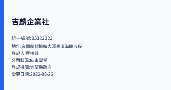 吉麟企業社的照片-統編 85323023(宜蘭縣) 公司登記資料與營業項目詳細圖表