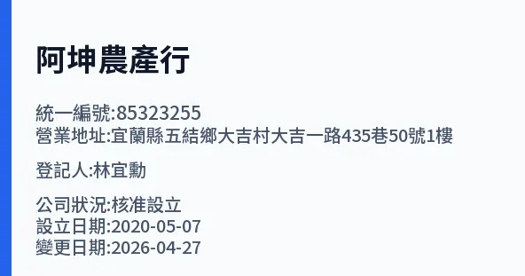 阿坤農產行的照片-統編 85323255(宜蘭縣) 公司登記資料與營業項目詳細圖表