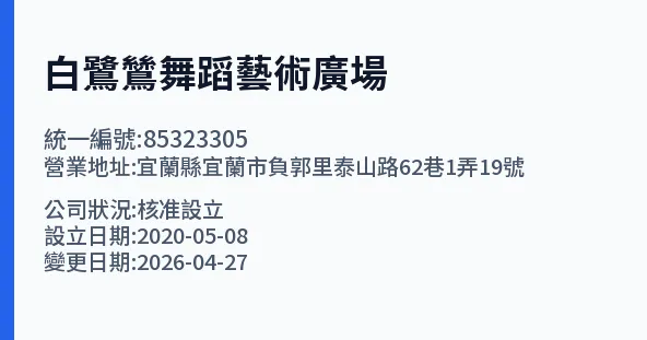 白鷺鷥舞蹈藝術廣場的照片-統編 85323305(宜蘭縣) 公司登記資料與營業項目詳細圖表