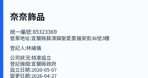 奈奈飾品的照片-統編 85323369(宜蘭縣) 公司登記資料與營業項目詳細圖表