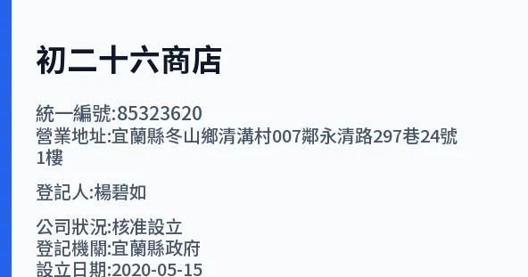 初二十六商店的照片-統編 85323620(宜蘭縣) 公司登記資料與營業項目詳細圖表