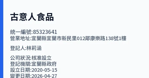 古意人食品的照片-統編 85323641(宜蘭縣) 公司登記資料與營業項目詳細圖表
