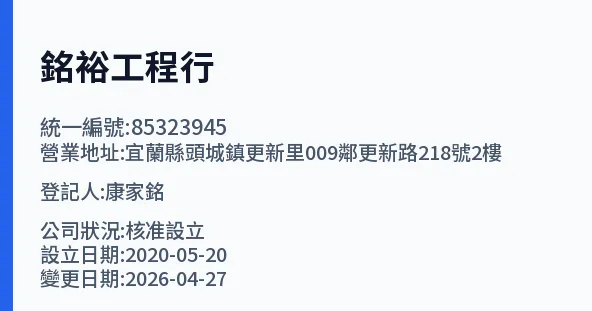 銘裕工程行的照片-統編 85323945(宜蘭縣) 公司登記資料與營業項目詳細圖表
