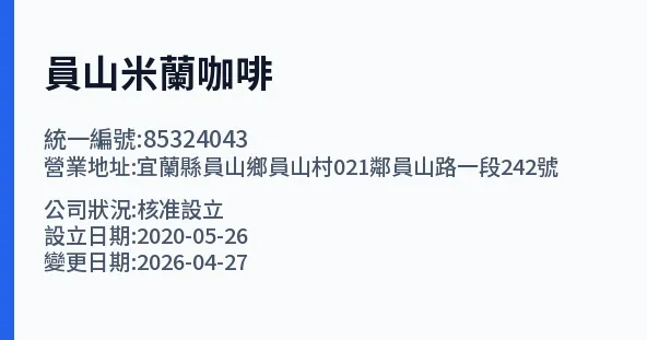 員山米蘭咖啡的照片-統編 85324043(宜蘭縣) 公司登記資料與營業項目詳細圖表