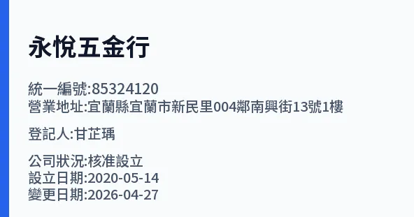 永悅五金行的照片-統編 85324120(宜蘭縣) 公司登記資料與營業項目詳細圖表