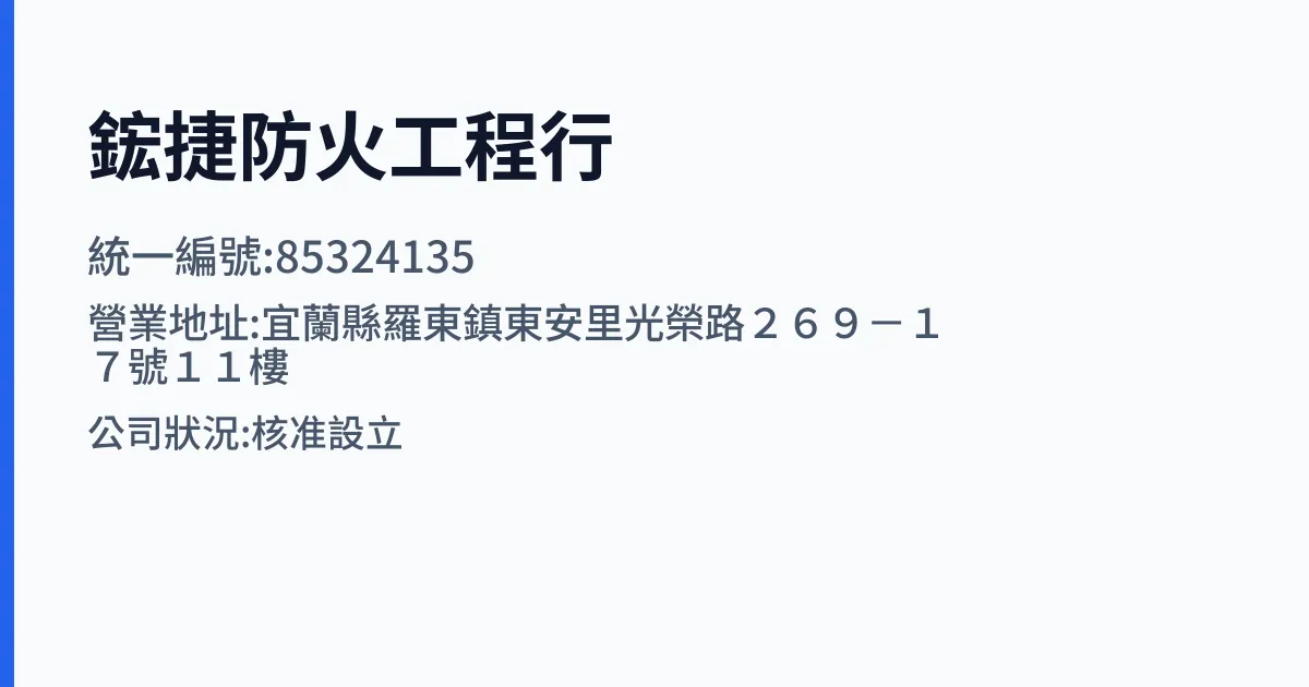 鋐捷防火工程行 - 統編 85324135(宜蘭縣) 公司登記資料與營業項目詳細圖表