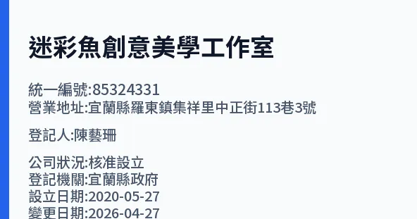 迷彩魚創意美學工作室的照片-統編 85324331(宜蘭縣) 公司登記資料與營業項目詳細圖表