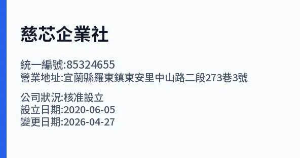 慈芯企業社的照片-統編 85324655(宜蘭縣) 公司登記資料與營業項目詳細圖表