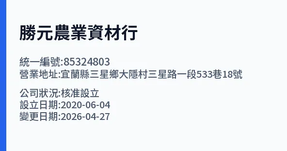 勝元農業資材行的照片-統編 85324803(宜蘭縣) 公司登記資料與營業項目詳細圖表