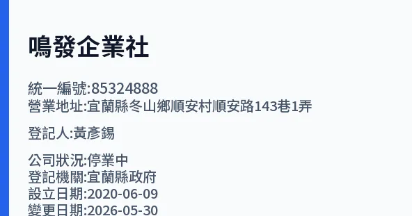 鳴發企業社的照片-統編 85324888(宜蘭縣) 公司登記資料與營業項目詳細圖表