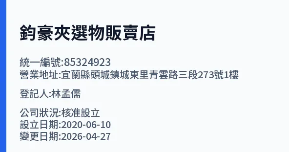 鈞豪夾選物販賣店的照片-統編 85324923(宜蘭縣) 公司登記資料與營業項目詳細圖表