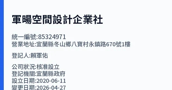 軍暘空間設計企業社的照片-統編 85324971(宜蘭縣) 公司登記資料與營業項目詳細圖表