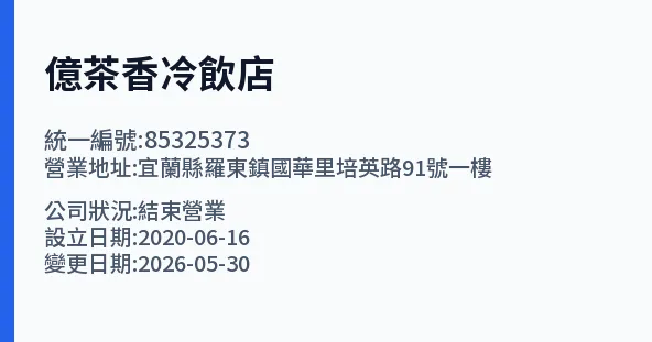 億茶香冷飲店的照片-統編 85325373(宜蘭縣) 公司登記資料與營業項目詳細圖表