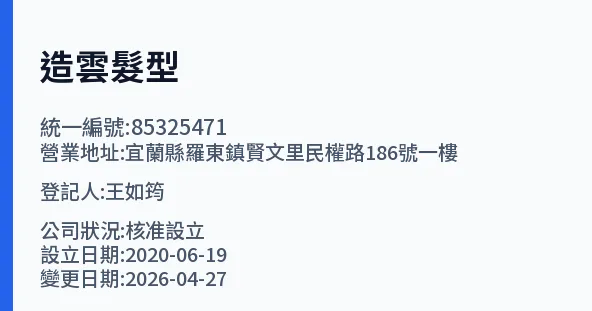 造雲髮型的照片-統編 85325471(宜蘭縣) 公司登記資料與營業項目詳細圖表