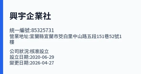 興宇企業社的照片-統編 85325731(宜蘭縣) 公司登記資料與營業項目詳細圖表