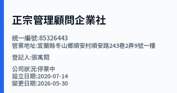 正宗管理顧問企業社的照片-統編 85326443(宜蘭縣) 公司登記資料與營業項目詳細圖表