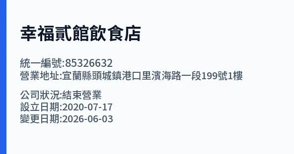 幸福貳館飲食店的照片-統編 85326632(宜蘭縣) 公司登記資料與營業項目詳細圖表