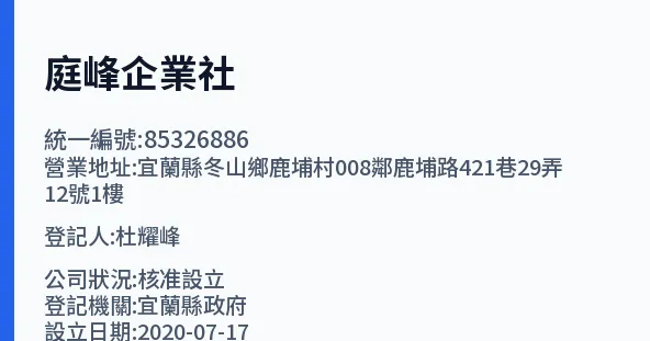 庭峰企業社的照片-統編 85326886(宜蘭縣) 公司登記資料與營業項目詳細圖表