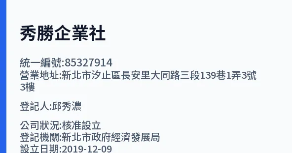 秀勝企業社的照片-統編 85327914(新北市) 公司登記資料與營業項目詳細圖表