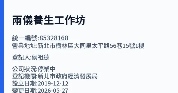 兩儀養生工作坊的照片-統編 85328168(新北市) 公司登記資料與營業項目詳細圖表