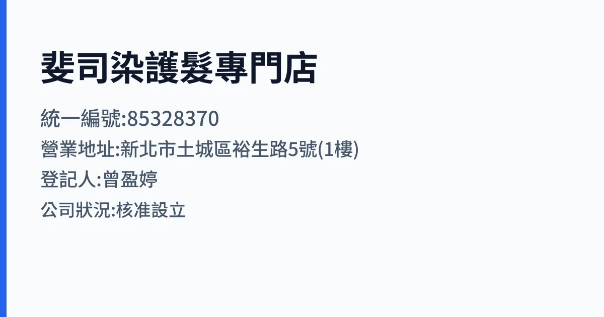 斐司染護髮專門店 - 統編 85328370（新北市） 公司登記資料與營業項目詳細圖表