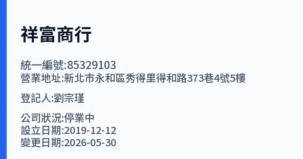 祥富商行的照片-統編 85329103(新北市) 公司登記資料與營業項目詳細圖表