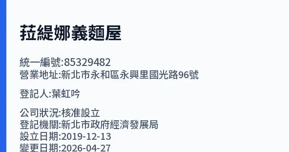 菈緹娜義麵屋的照片-統編 85329482(新北市) 公司登記資料與營業項目詳細圖表
